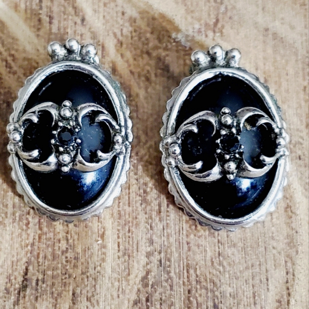 Vtg Judy Lee Black Glass Silver Clip On Earrings 50's… - Gem